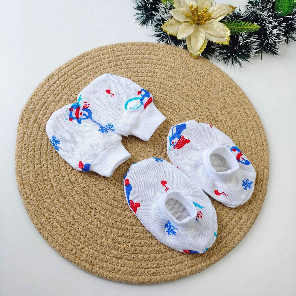 Muslin Mittens Booties Set – Penguins – Pikaboo Kidz